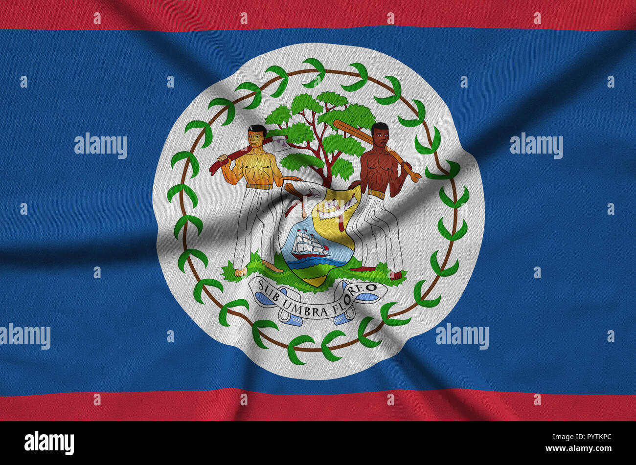 Belize flag is depicted on a sports cloth fabric with many folds. Sport ...