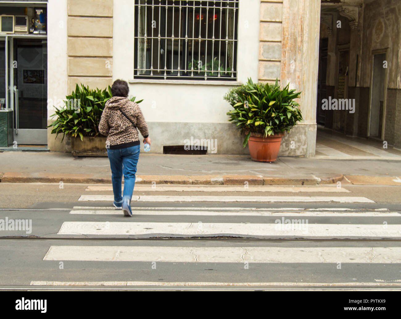 Woman tourist in Milan quickly crosses the road at a pedestrian ...