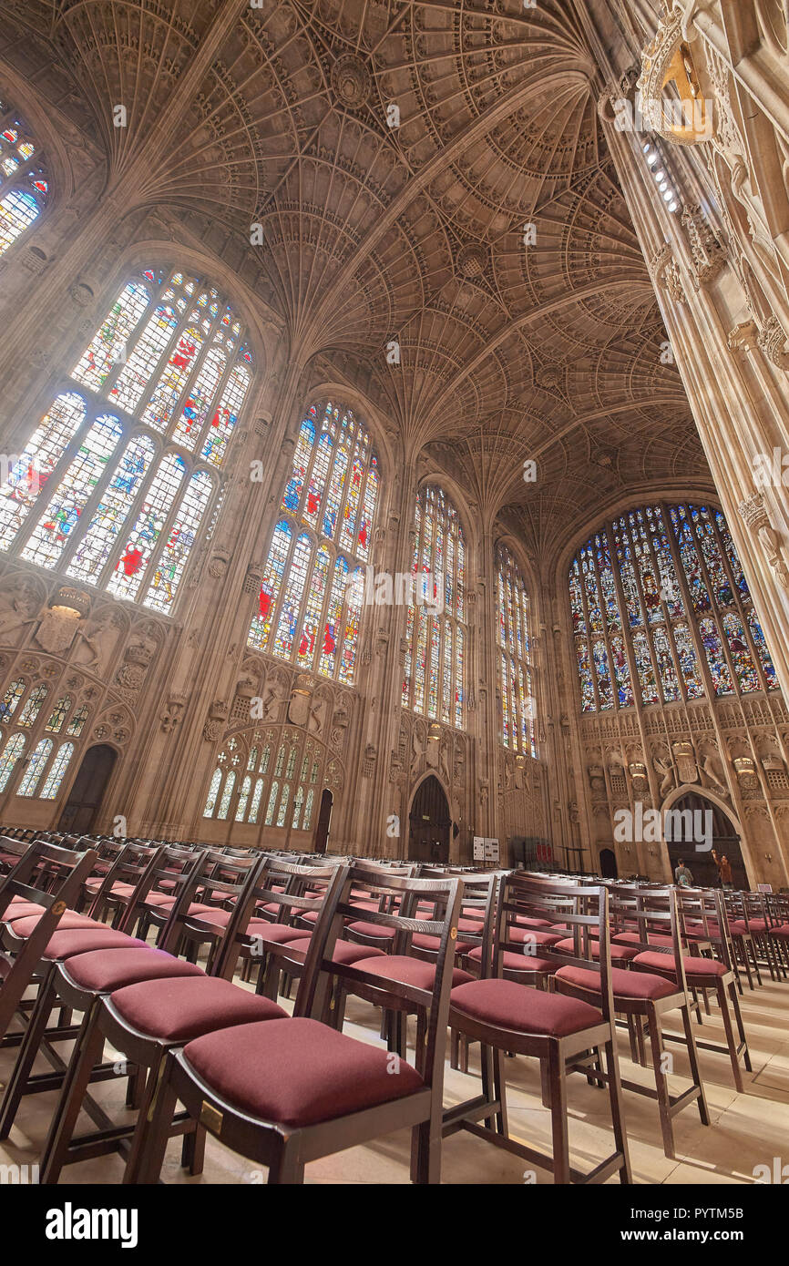 Rows of chairs in front of the south and west stained glass windows ...
