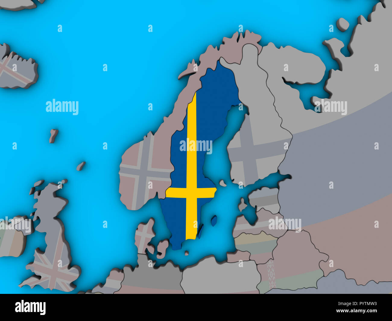 Sweden with embedded national flag on blue political 3D globe. 3D ...