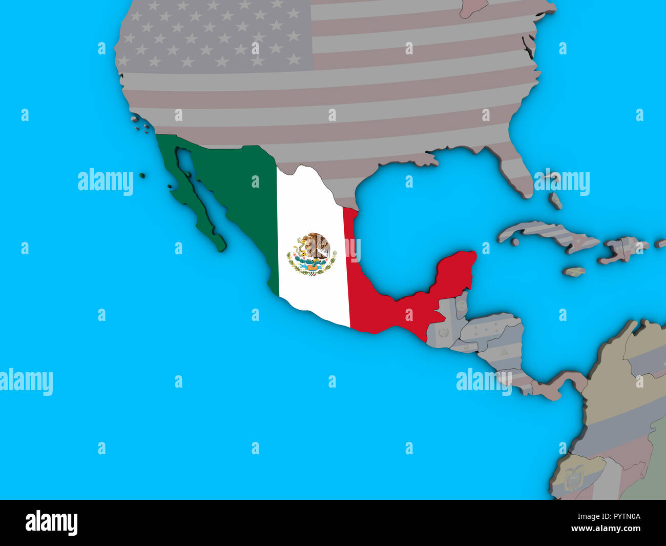 Mexico with embedded national flag on blue political 3D globe. 3D ...
