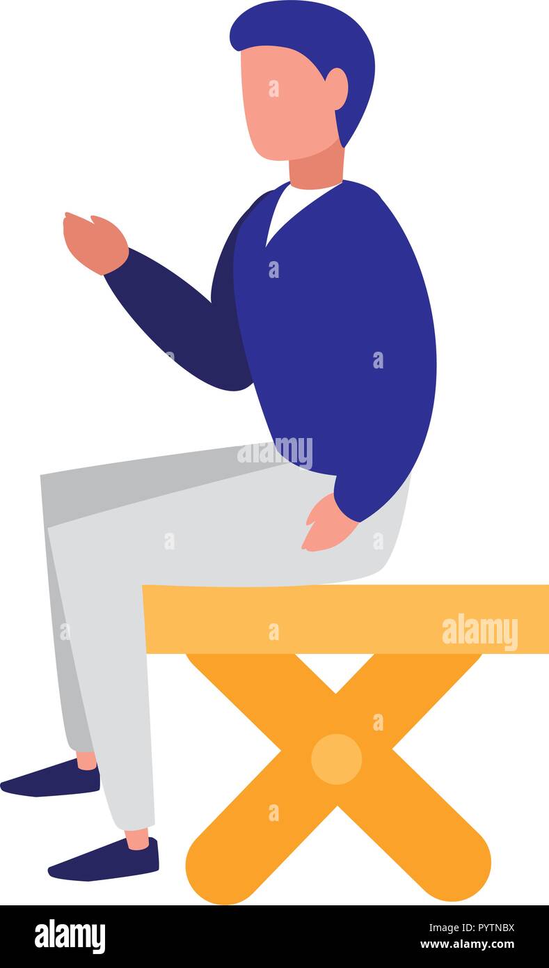 man sitting on wooden seat over white background, vector illustration ...
