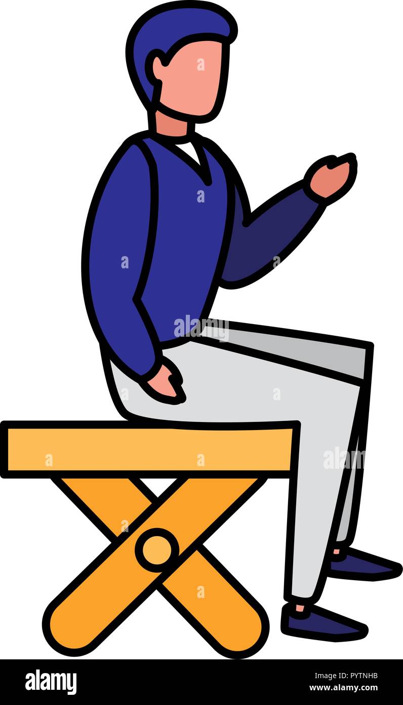 man sitting on wooden seat over white background, vector illustration ...