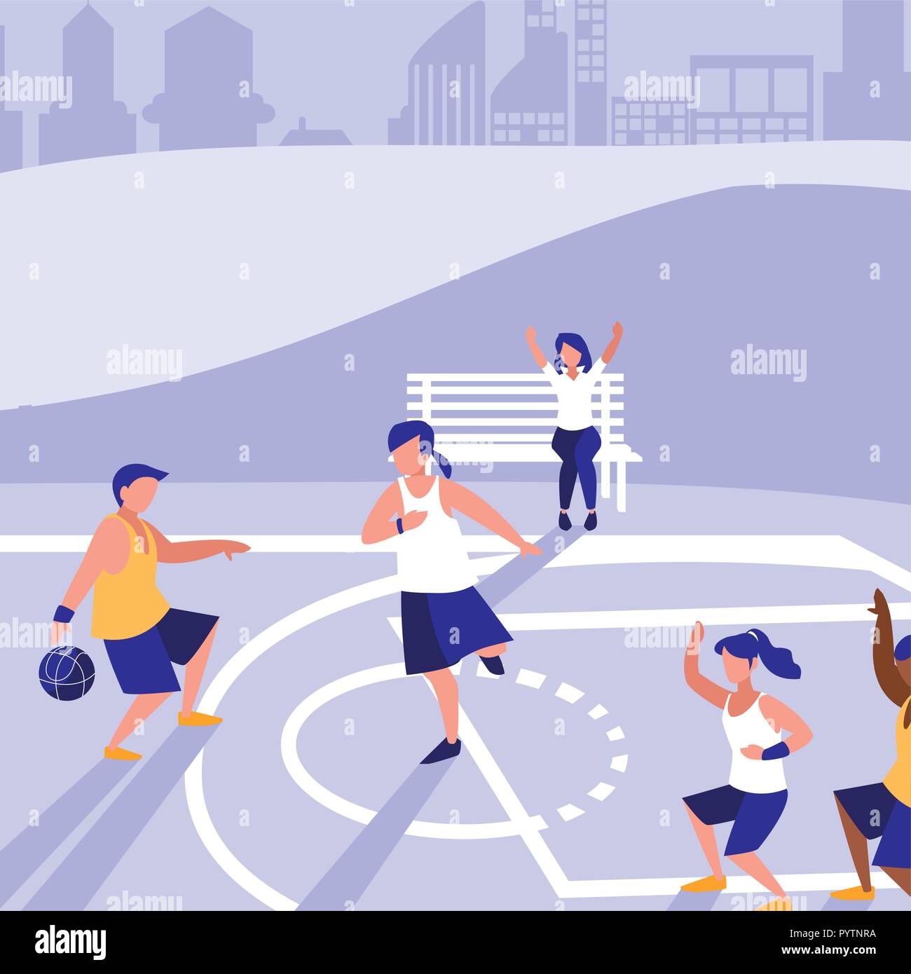 people playing basketball over purple background, colorful design ...