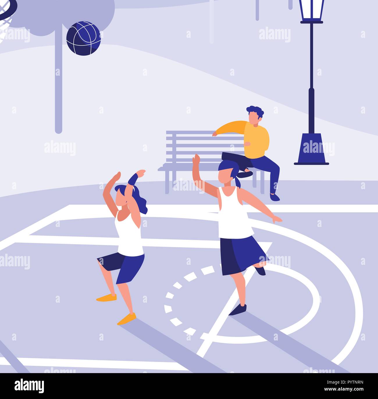 people playing basketball over purple background, colorful design ...