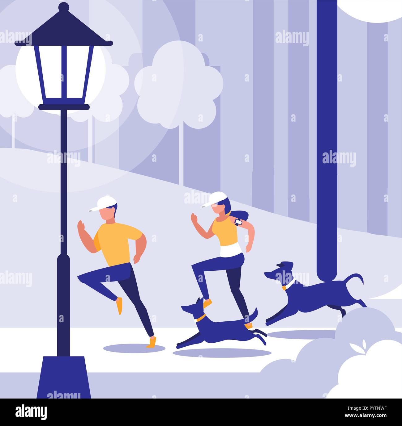 Park with people running over purple background, colorful design ...