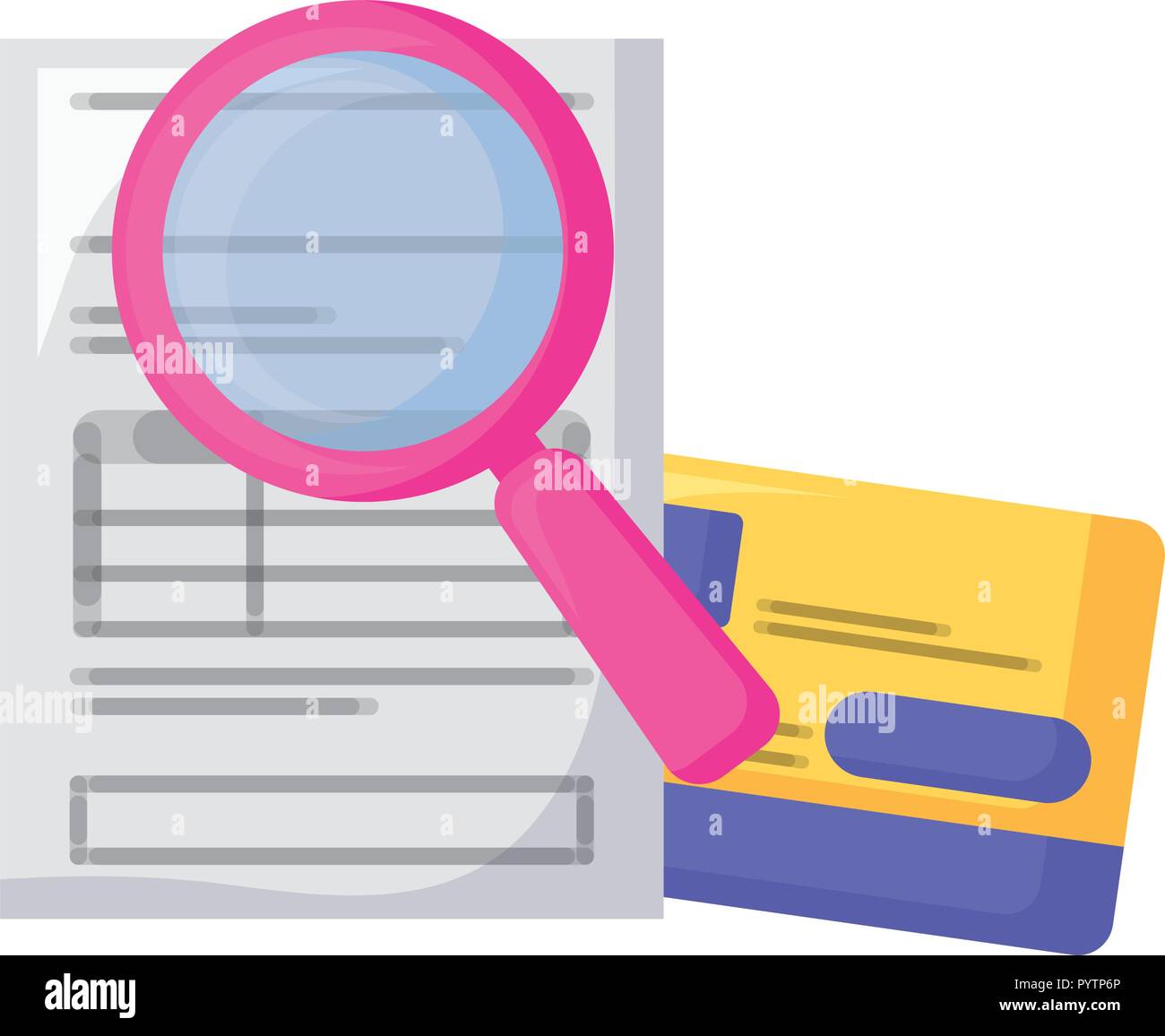 magnifying glass with invoice and credit card over white background ...