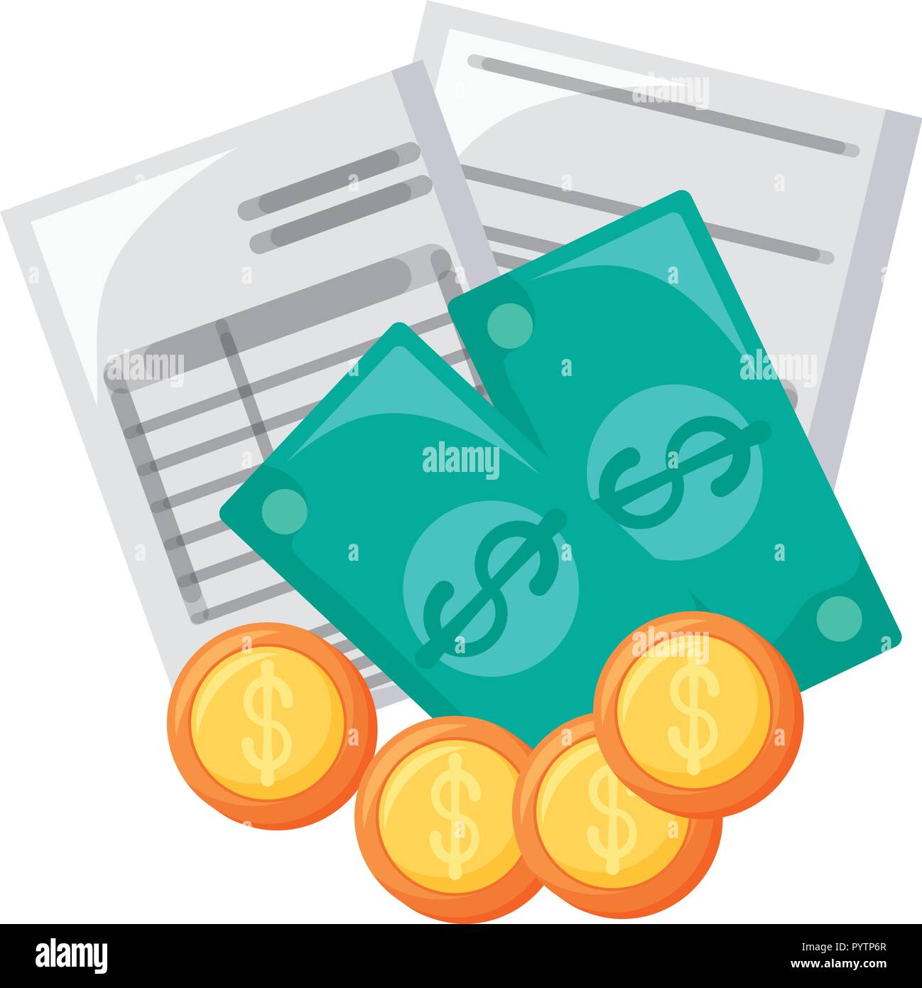 invoices with money bills and coins over white background, vector ...