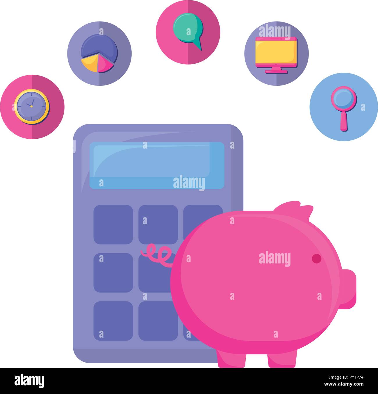 piggy bank and calculator over white background, vector illustration ...