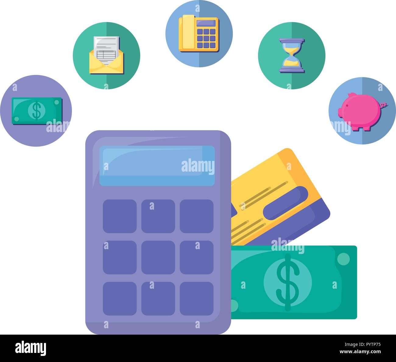 calculator device and credit card over white background, vector ...