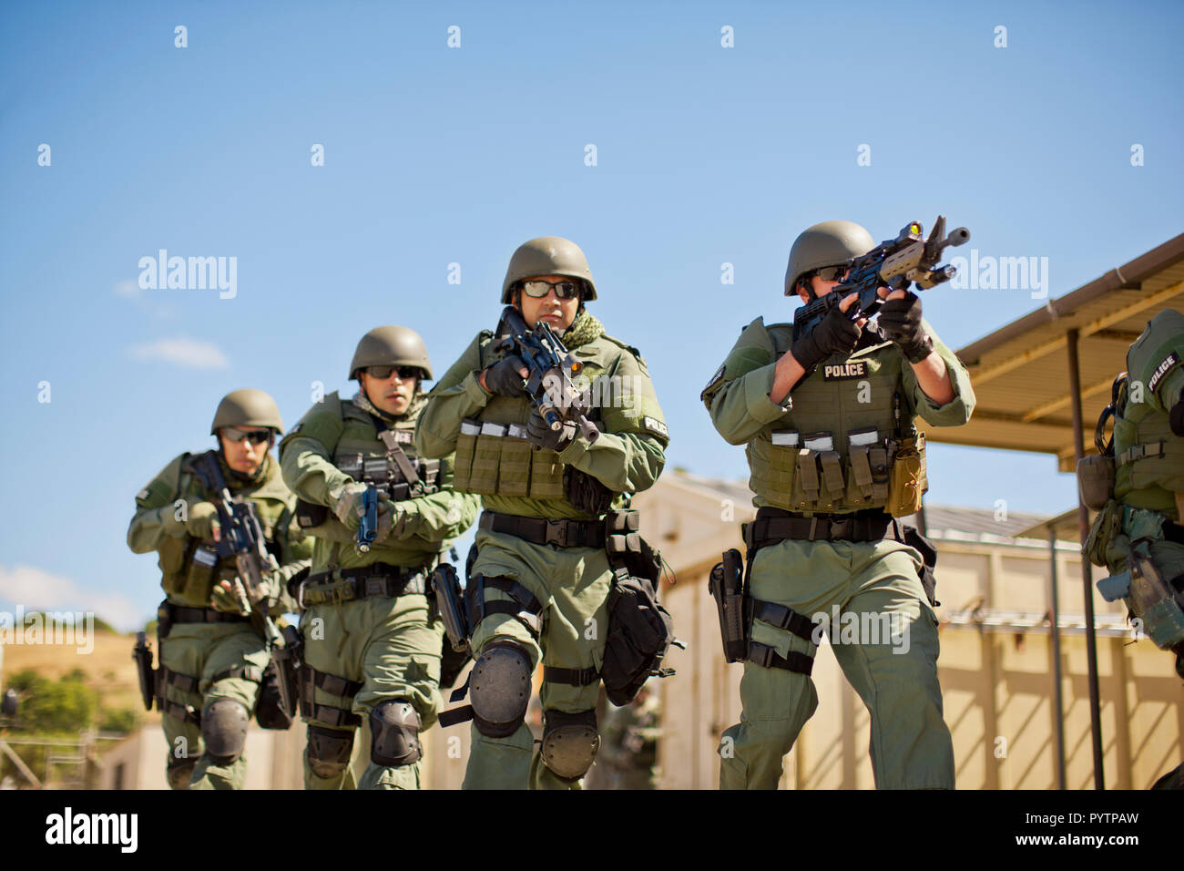 Group of police officers during an exercise at training facility Stock ...
