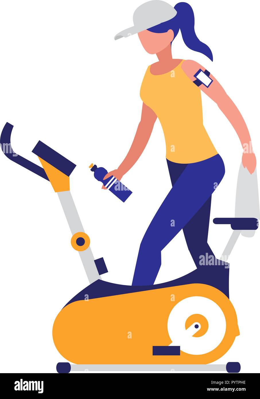 woman on excercise bike over white background, vector illustration ...
