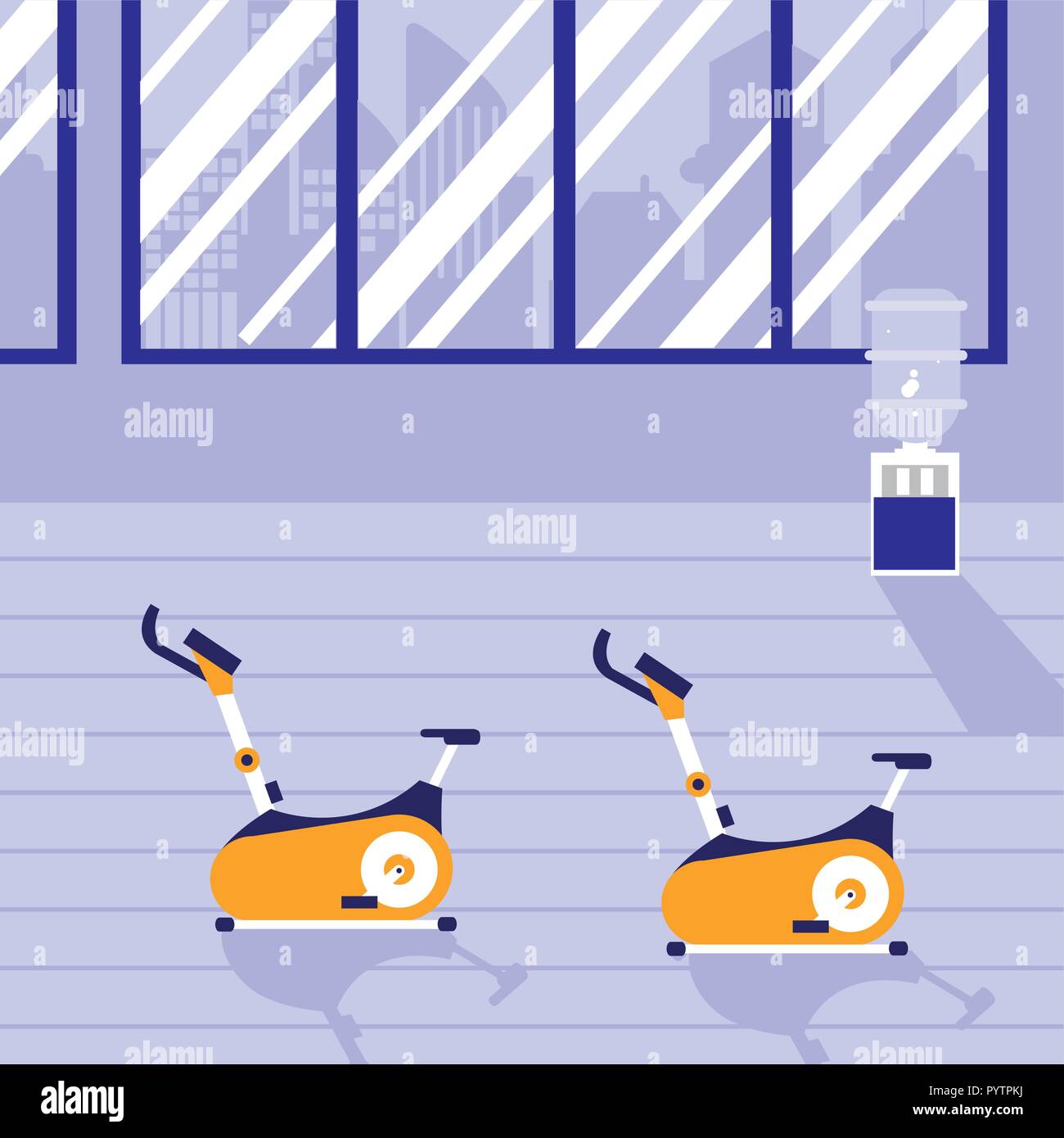 gym with exercise bikes, colorful design. vector illustration Stock ...