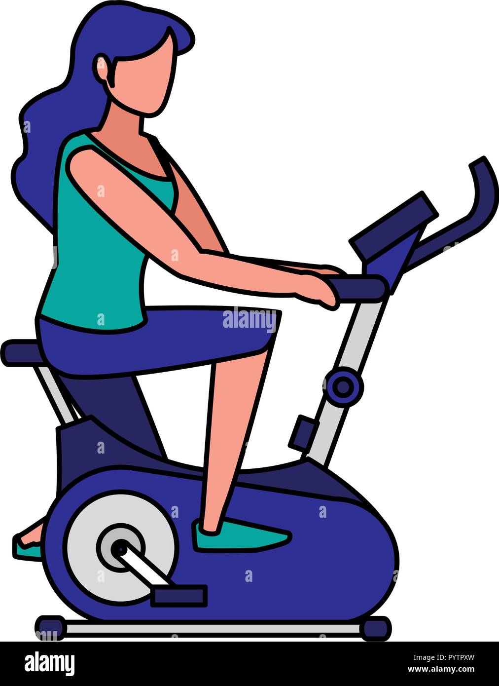 woman on excercise bike over white background, vector illustration ...