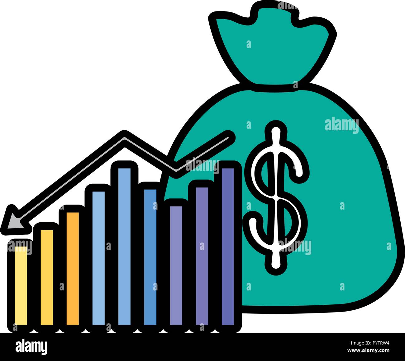 money bag and bar chart over white background, vecotr illustration ...