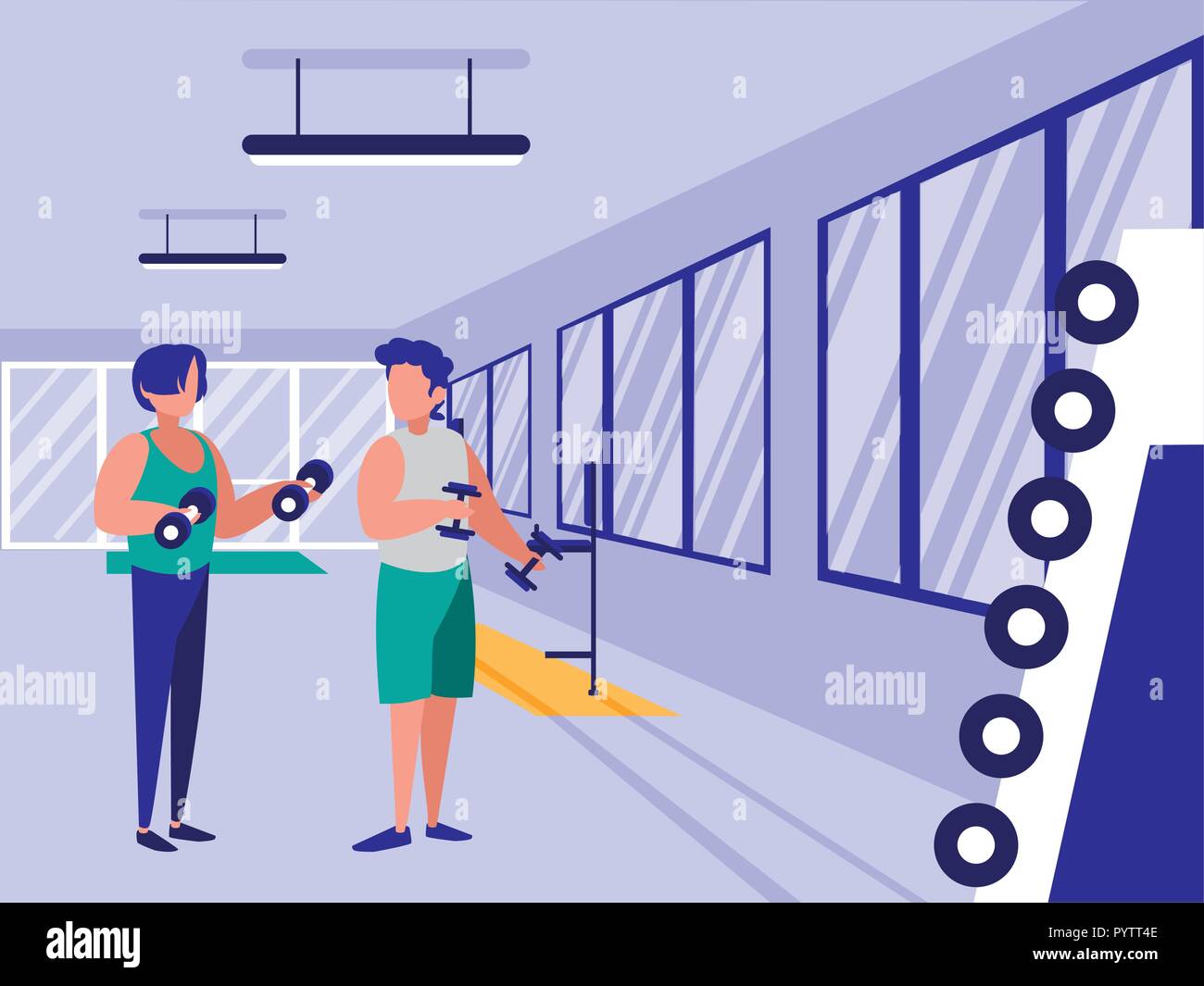 Avatar people training with dumbbells in the gym, vector illustration ...