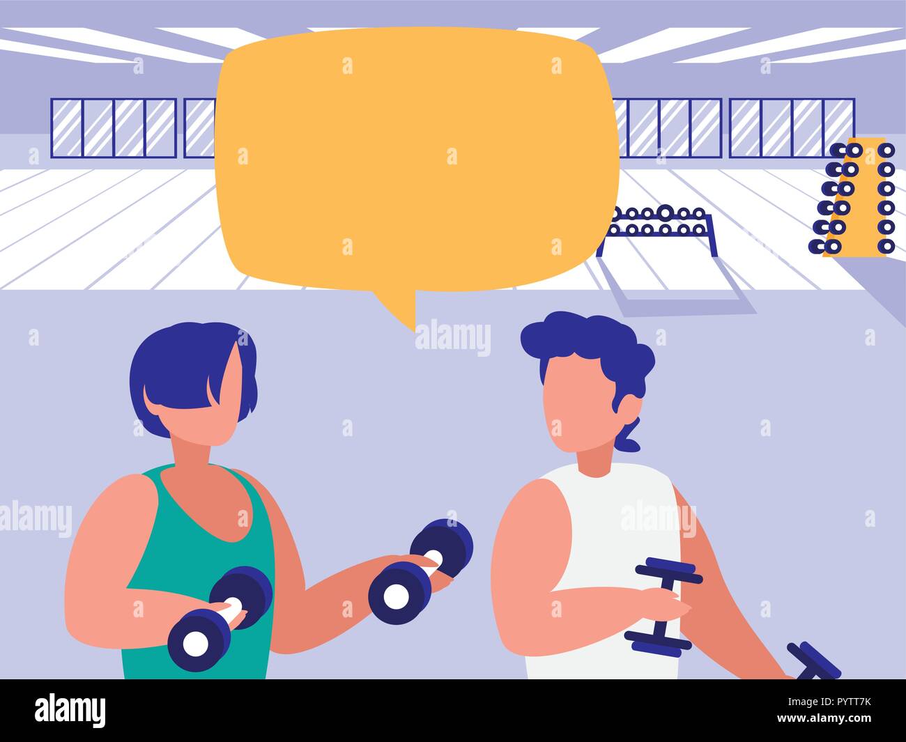 men having a conversation over gym background, vector illustration ...