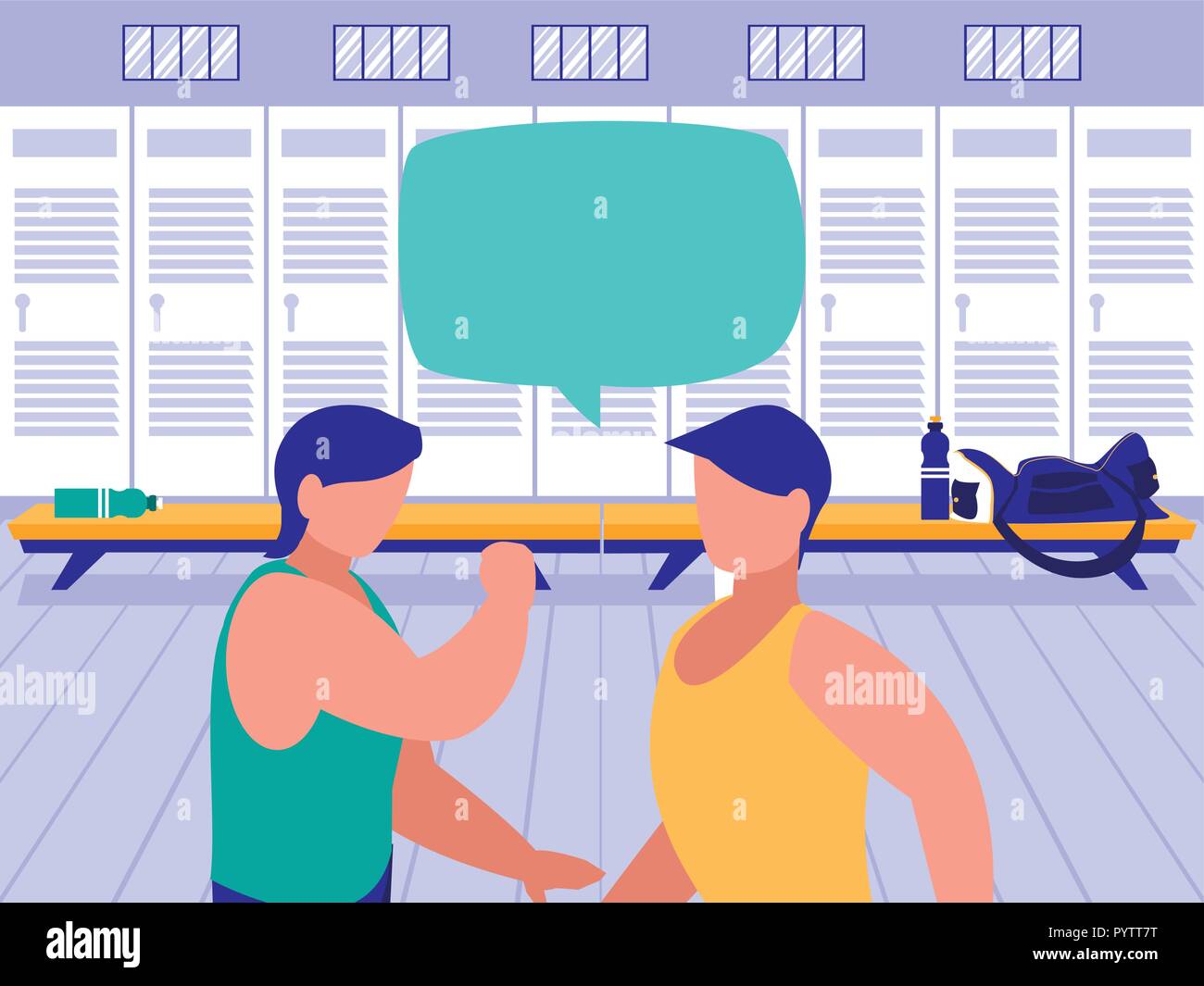 men having a conversation over gym background, vector illustration ...
