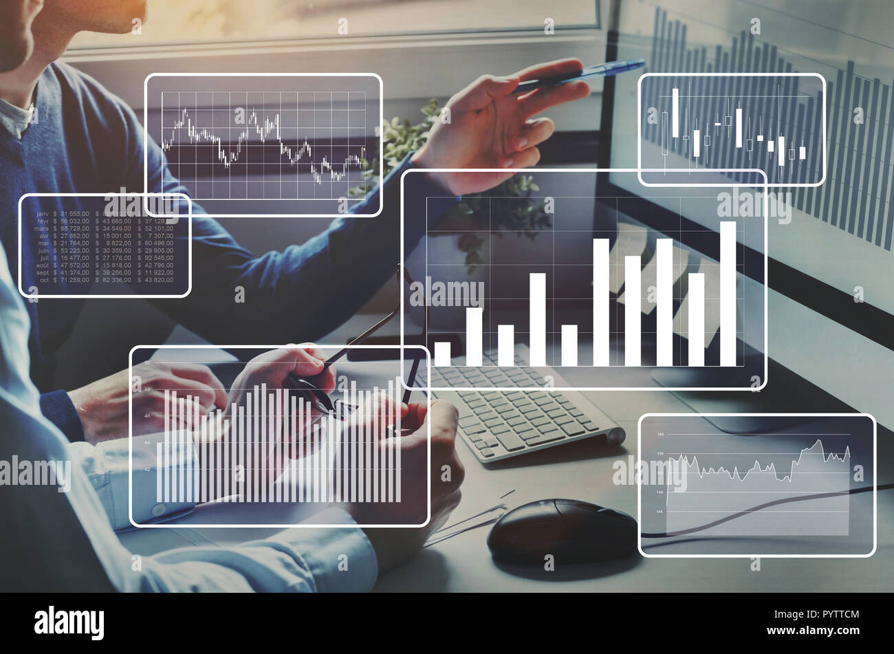 Big data analytics, financial charts, business team working on computer ...