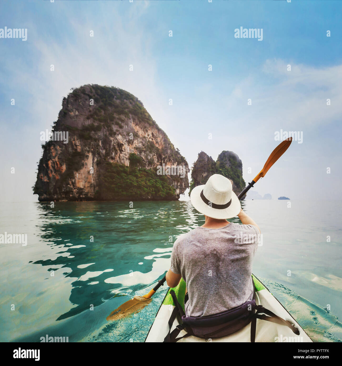travel by kayak in Asia, beach holiday tourism activity, man tourist ...