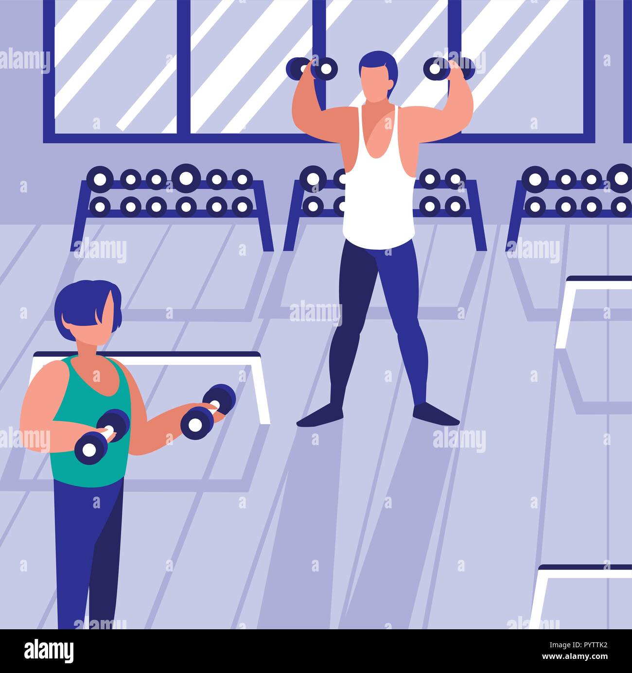 Avatar people training with dumbbells in the gym, vector illustration ...