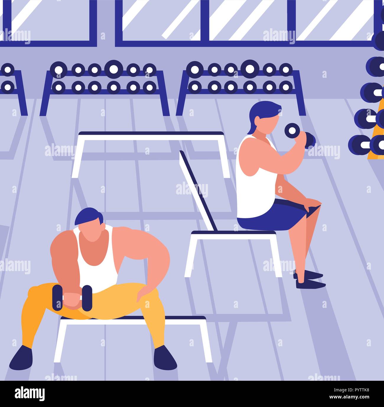 Avatar people training with dumbbells in the gym, vector illustration ...