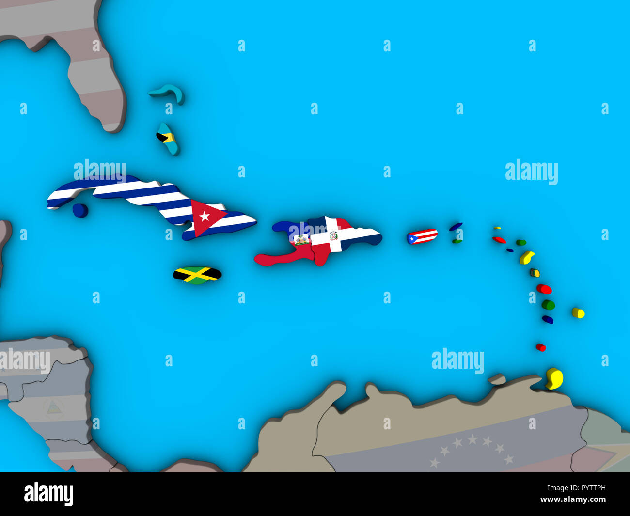 Caribbean with embedded national flags on blue political 3D globe. 3D ...