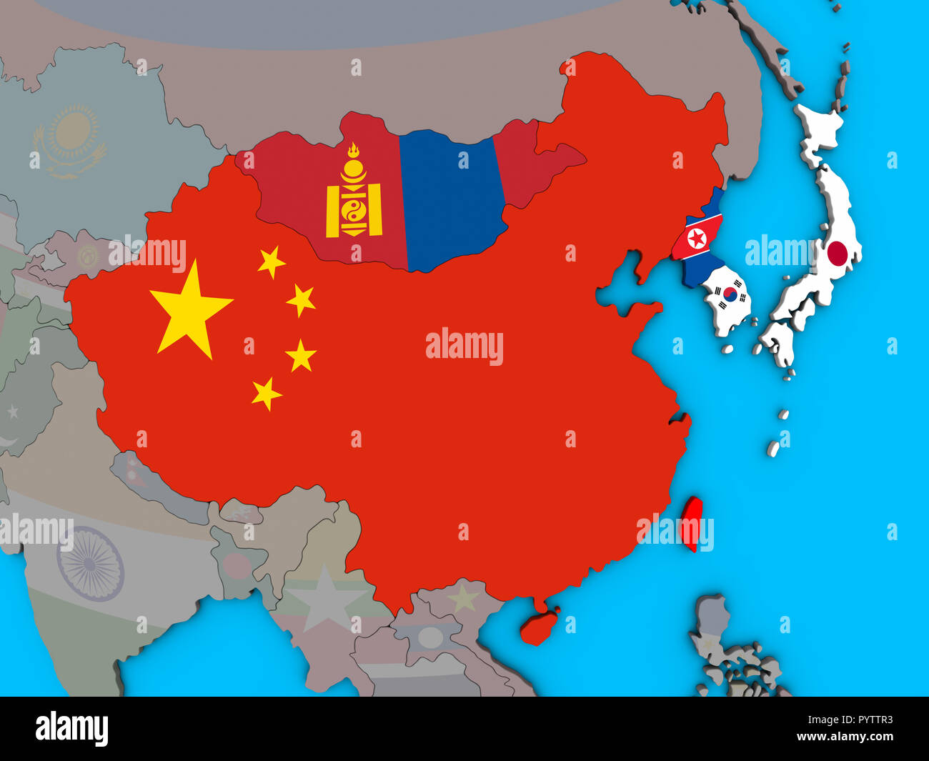 East Asia with embedded national flags on blue political 3D globe. 3D ...