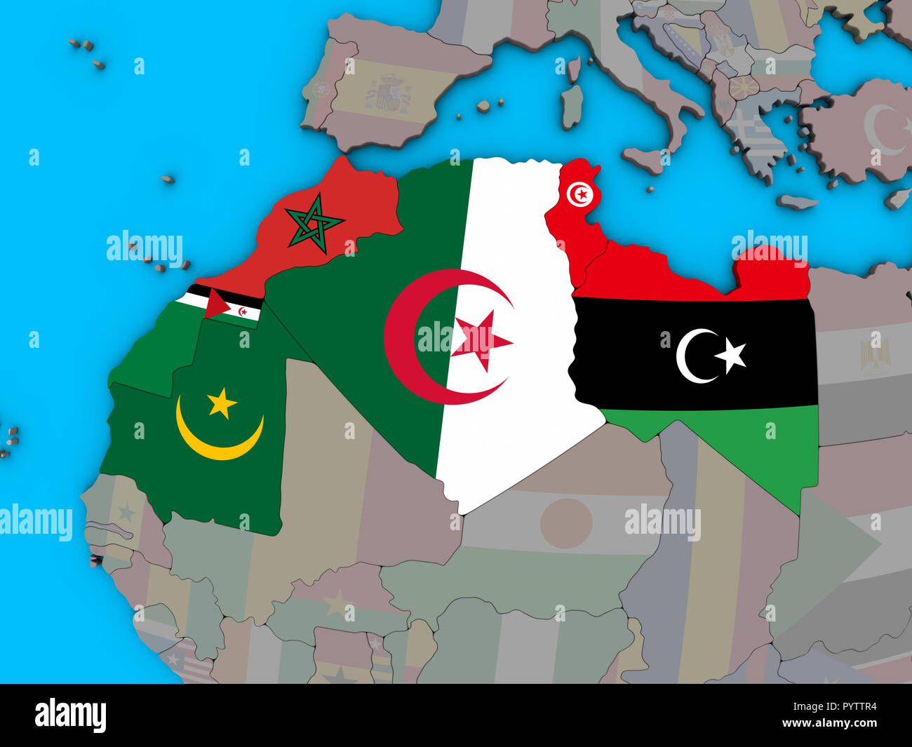 Maghreb region with embedded national flags on blue political 3D globe ...