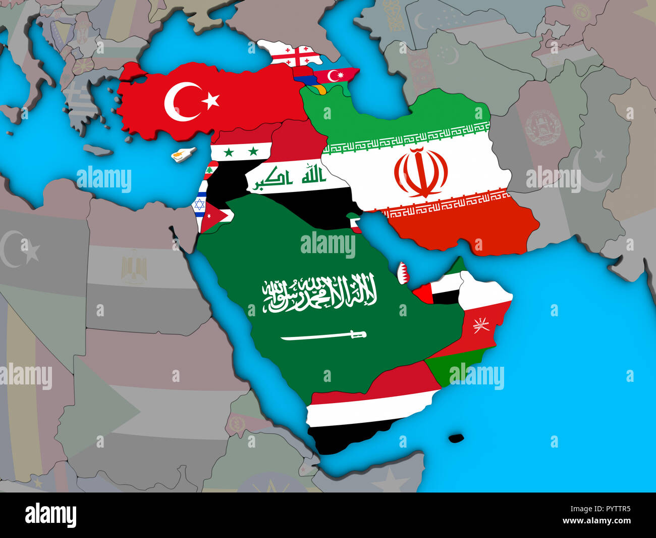 Western Asia with embedded national flags on blue political 3D globe ...