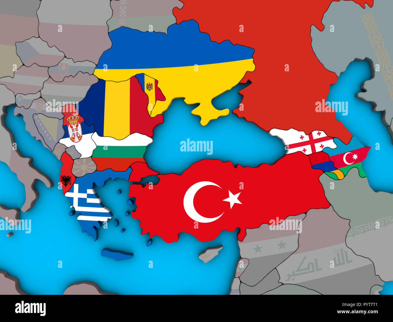 BSEC countries with embedded national flags on blue political 3D globe ...