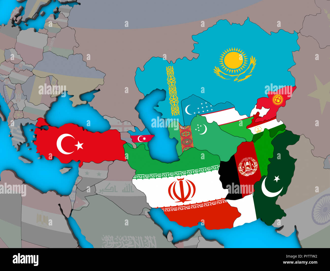 ECO member states with embedded national flags on blue political 3D ...