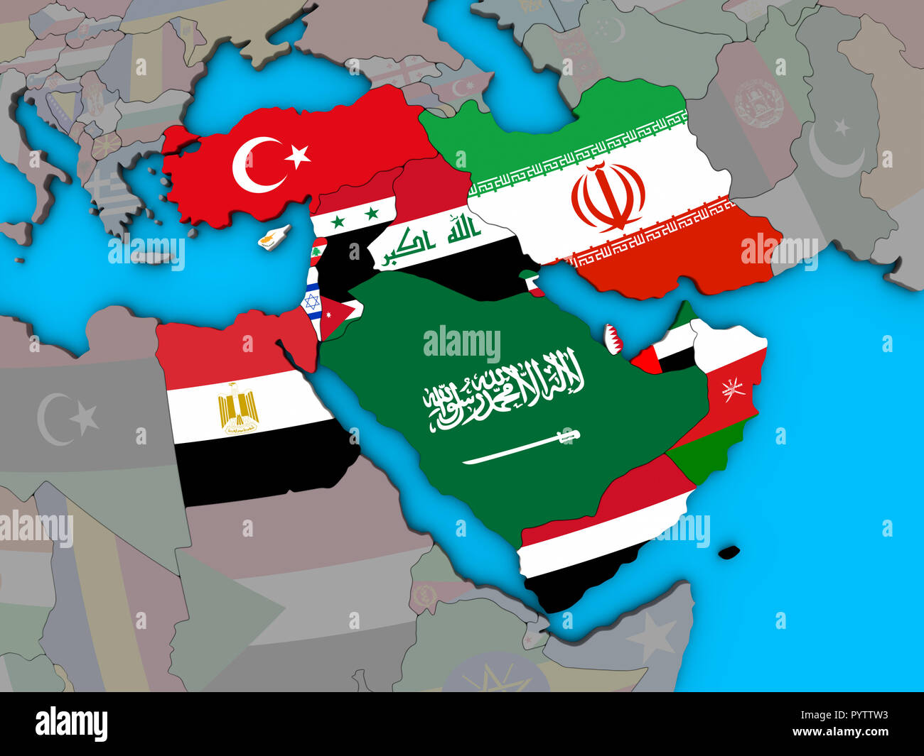 Middle East with embedded national flags on blue political 3D globe. 3D ...