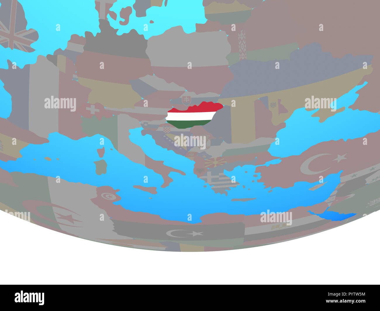 Hungary with national flag on simple political globe. 3D illustration ...