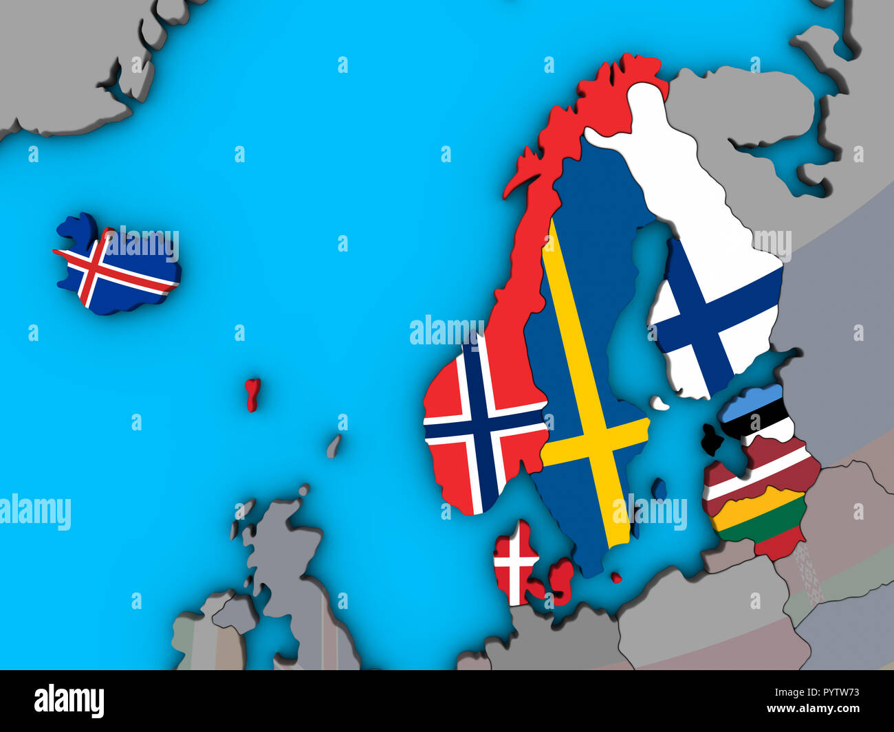 Northern Europe with embedded national flags on blue political 3D globe ...