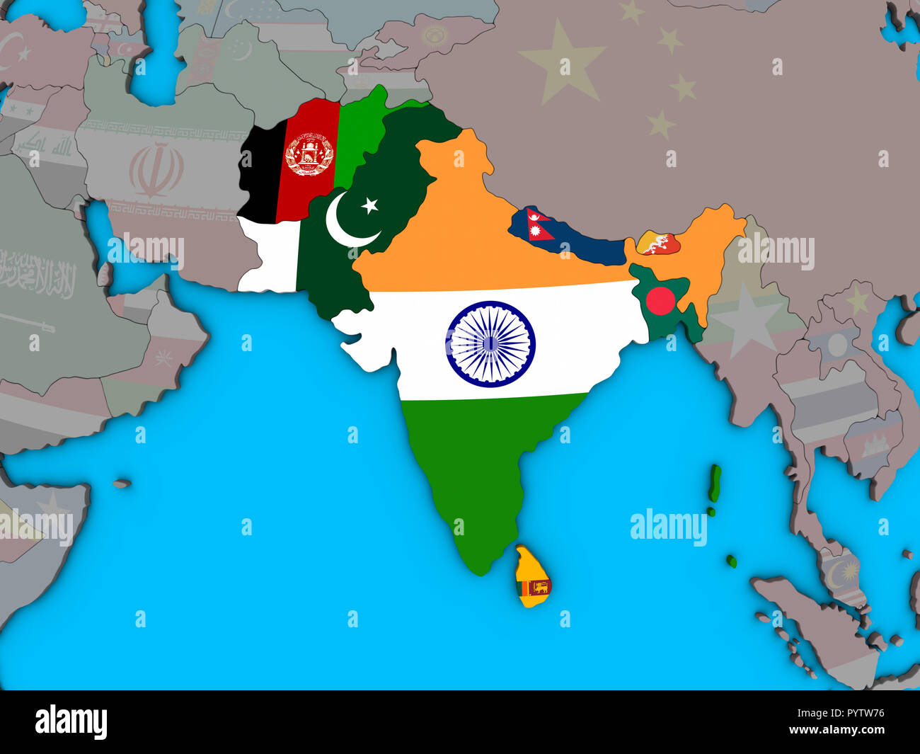 SAARC memeber states with embedded national flags on blue political 3D ...