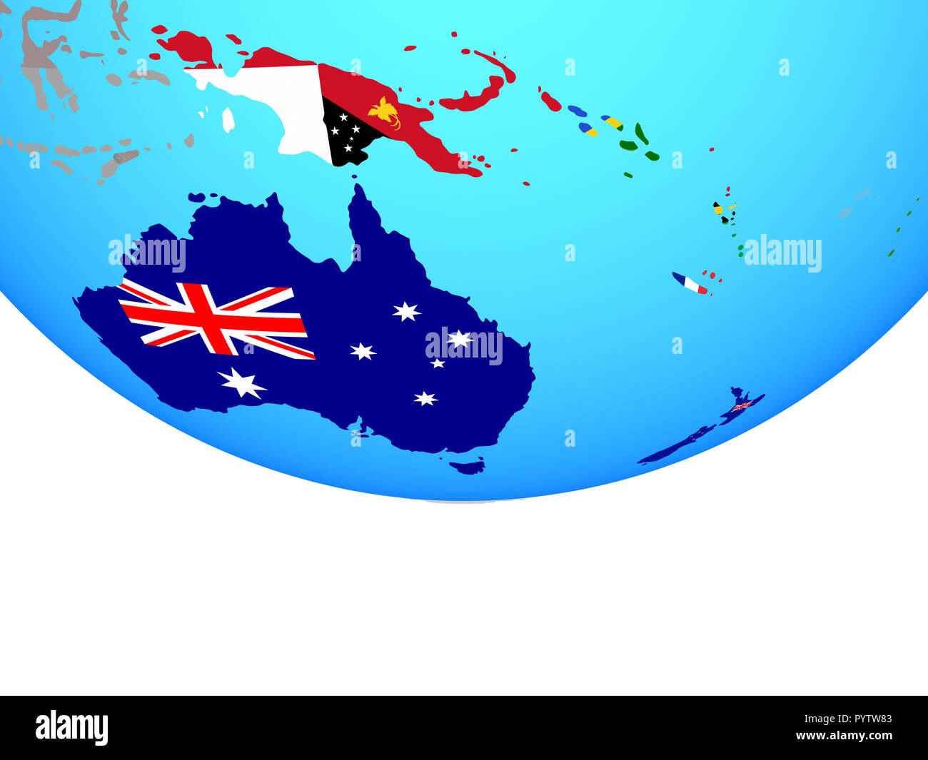 Australia with national flags on simple political globe. 3D ...