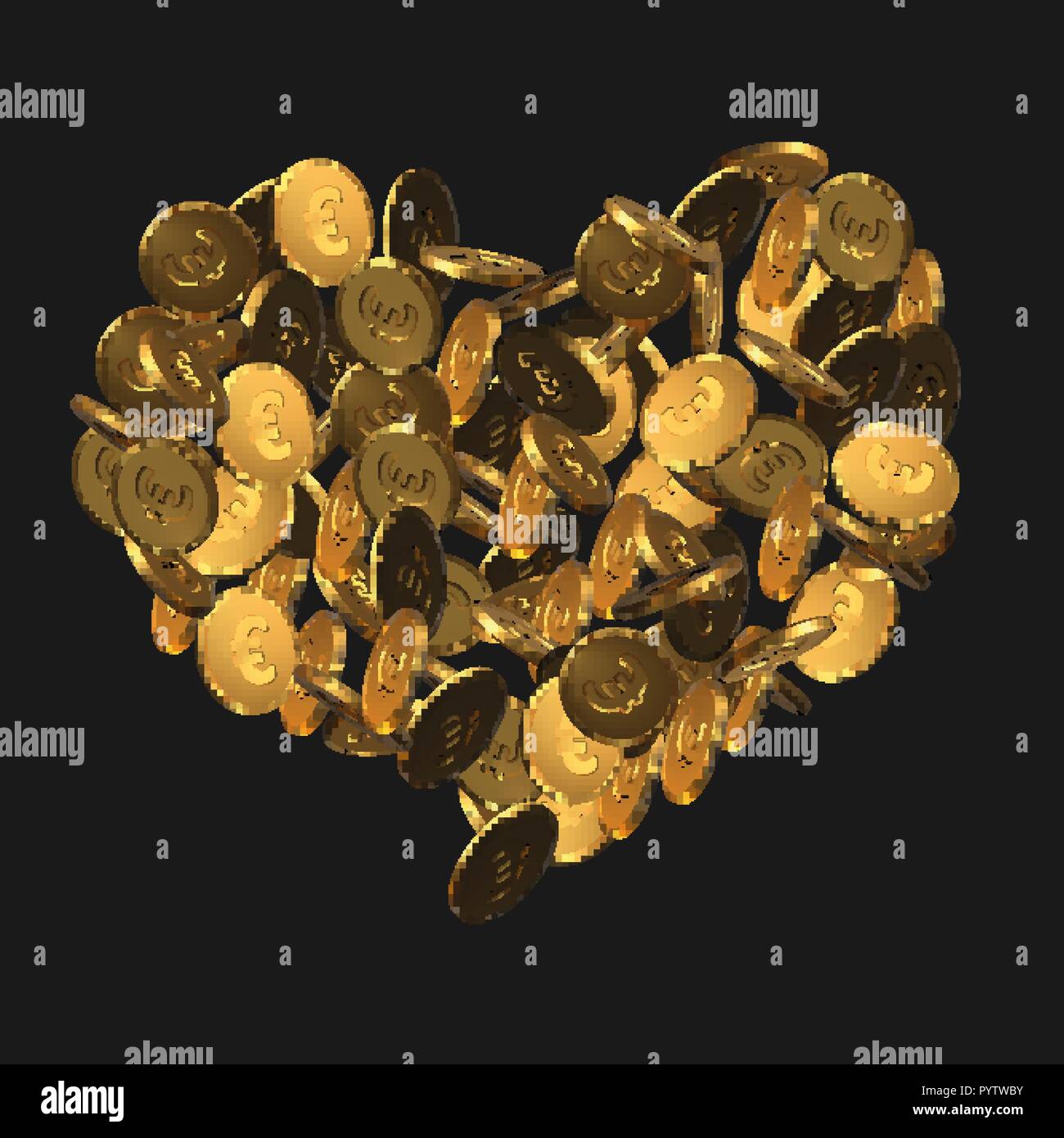 heart shaped golden euro coins. realistic vector illustration Stock ...