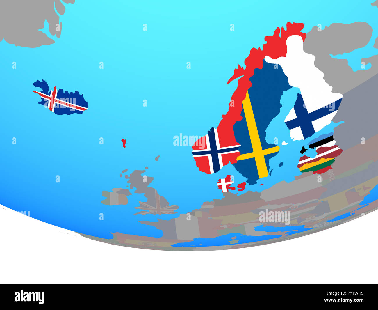 Northern Europe with national flags on simple political globe. 3D ...