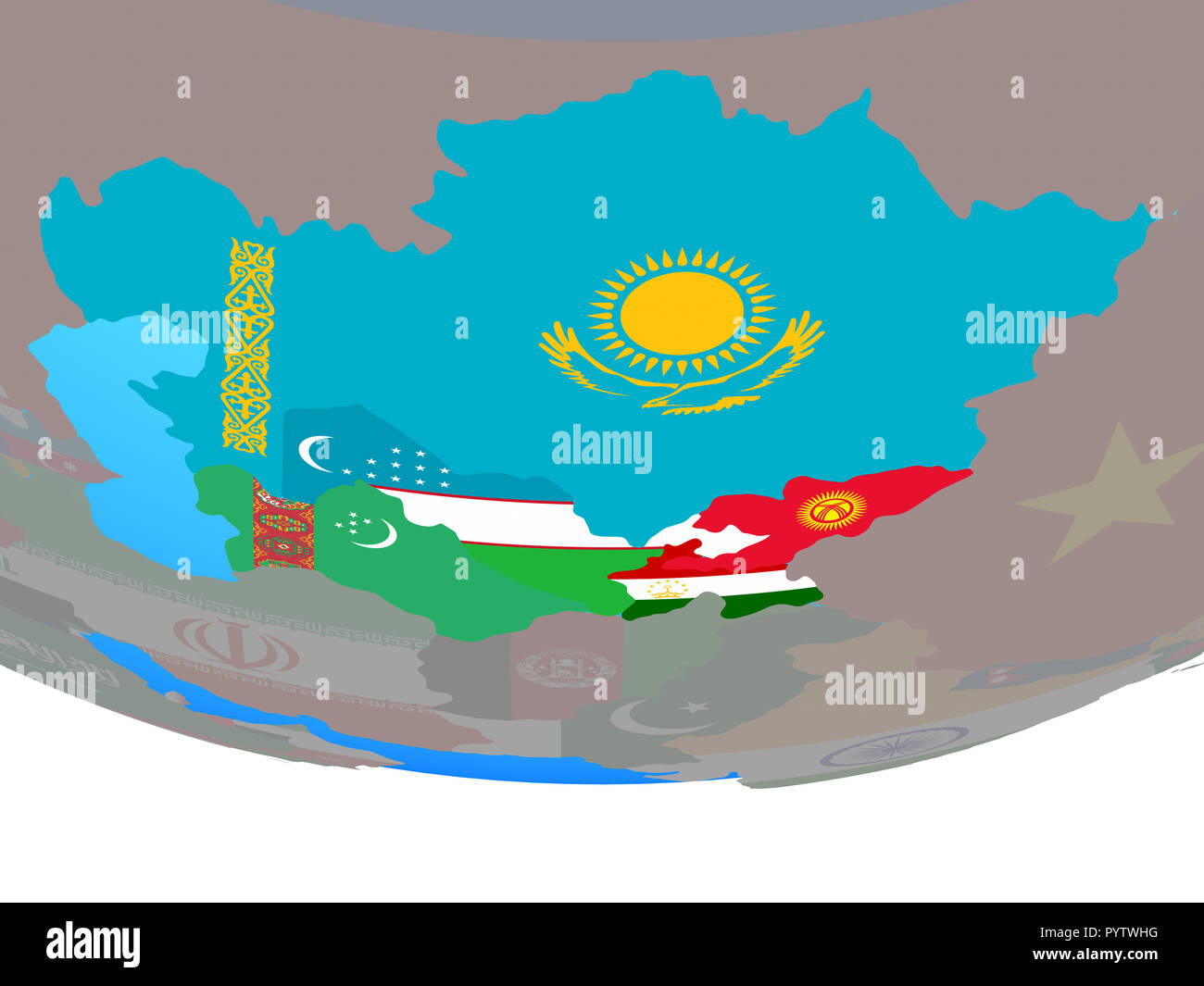Central Asia with national flags on simple political globe. 3D ...