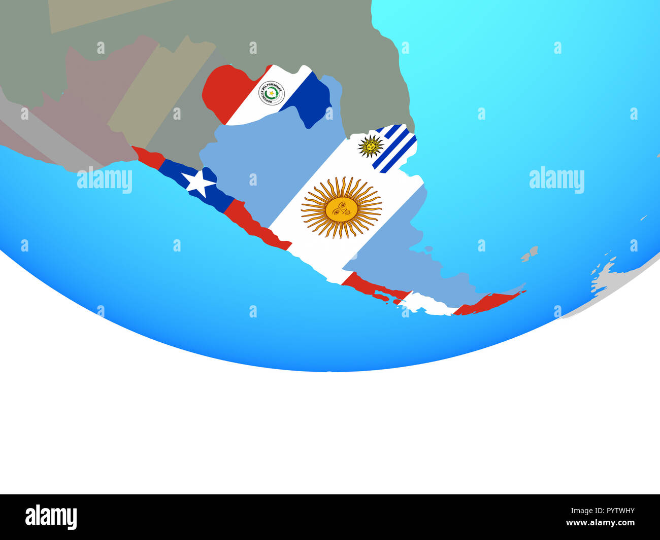 Southern Cone with national flags on simple political globe. 3D ...