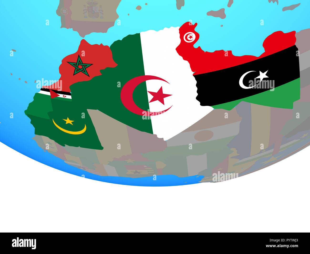 Maghreb region with national flags on simple political globe. 3D ...