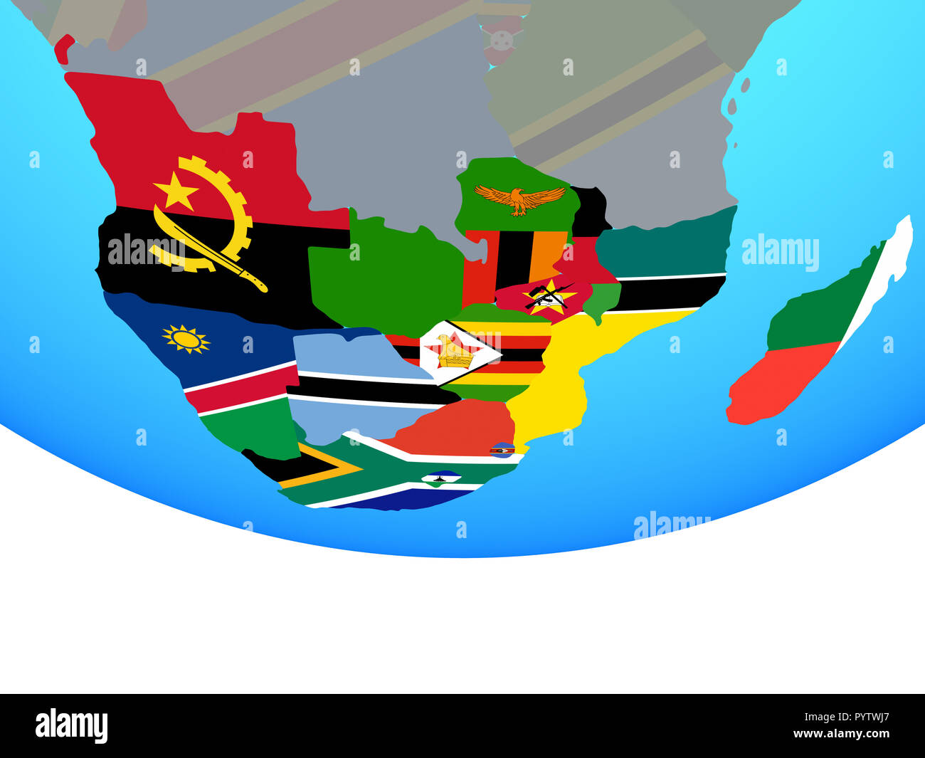 Southern Africa with national flags on simple political globe. 3D ...