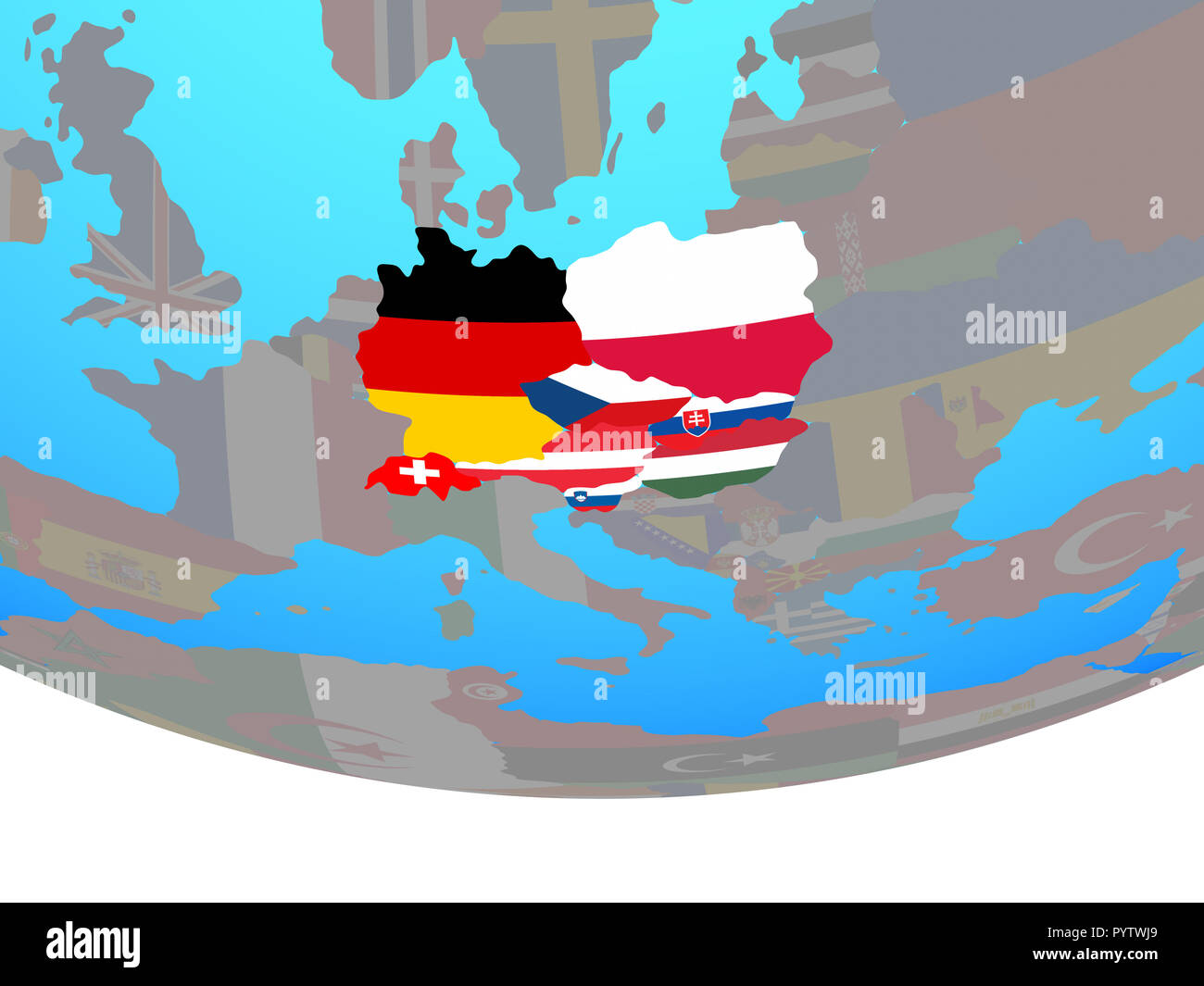 Central Europe with national flags on simple political globe. 3D ...