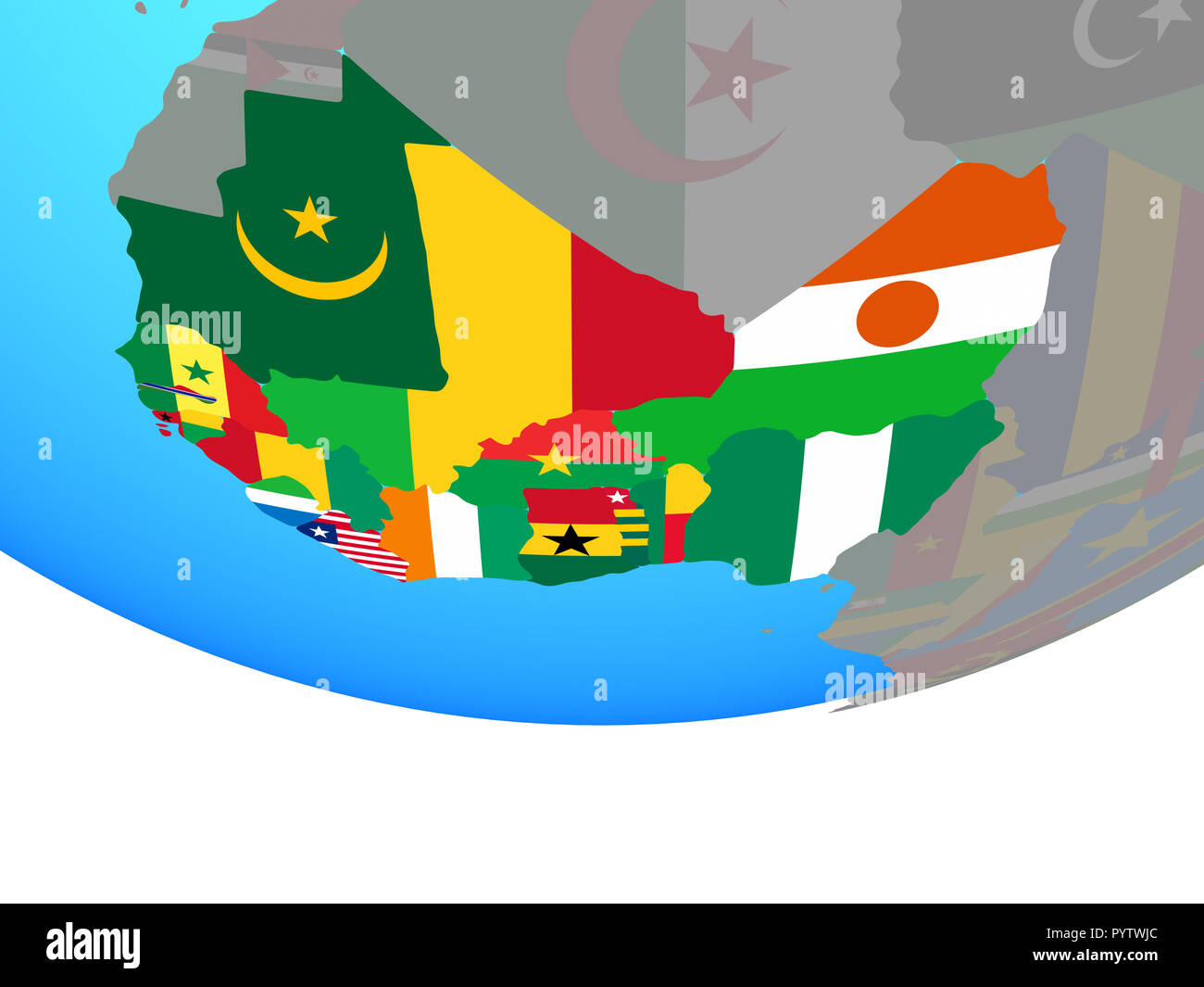 Western Africa with national flags on simple political globe. 3D ...