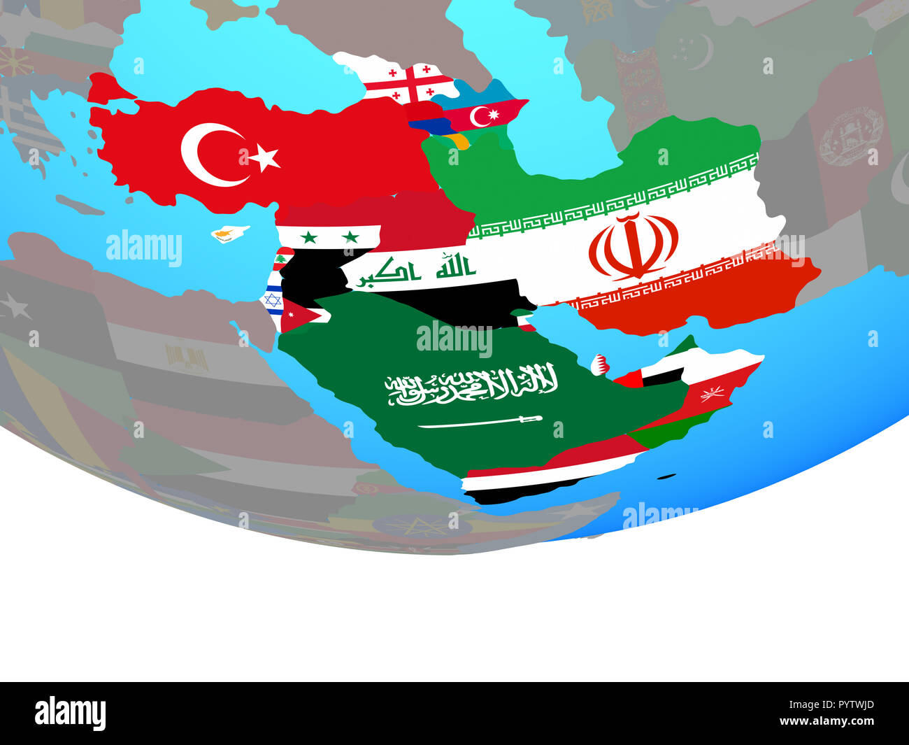 Western Asia with national flags on simple political globe. 3D ...