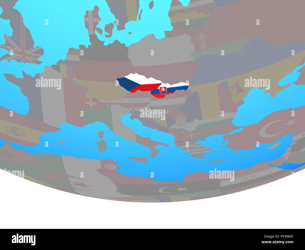 Former Czechoslovakia with national flags on simple political globe. 3D ...