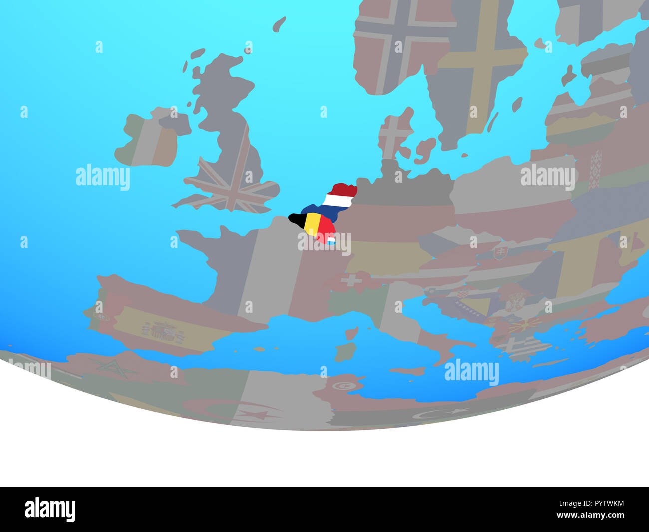 Benelux Union with national flags on simple political globe. 3D ...