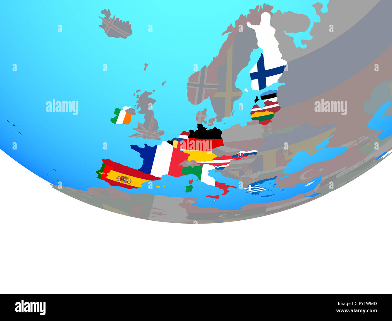 Eurozone member states with national flags on simple political globe ...