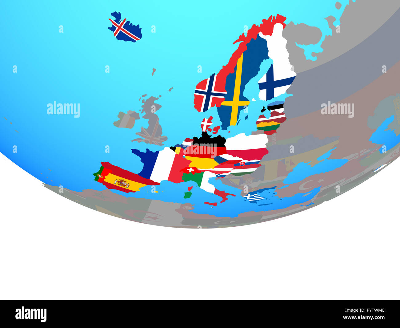 Schengen Area members with national flags on simple political globe. 3D ...